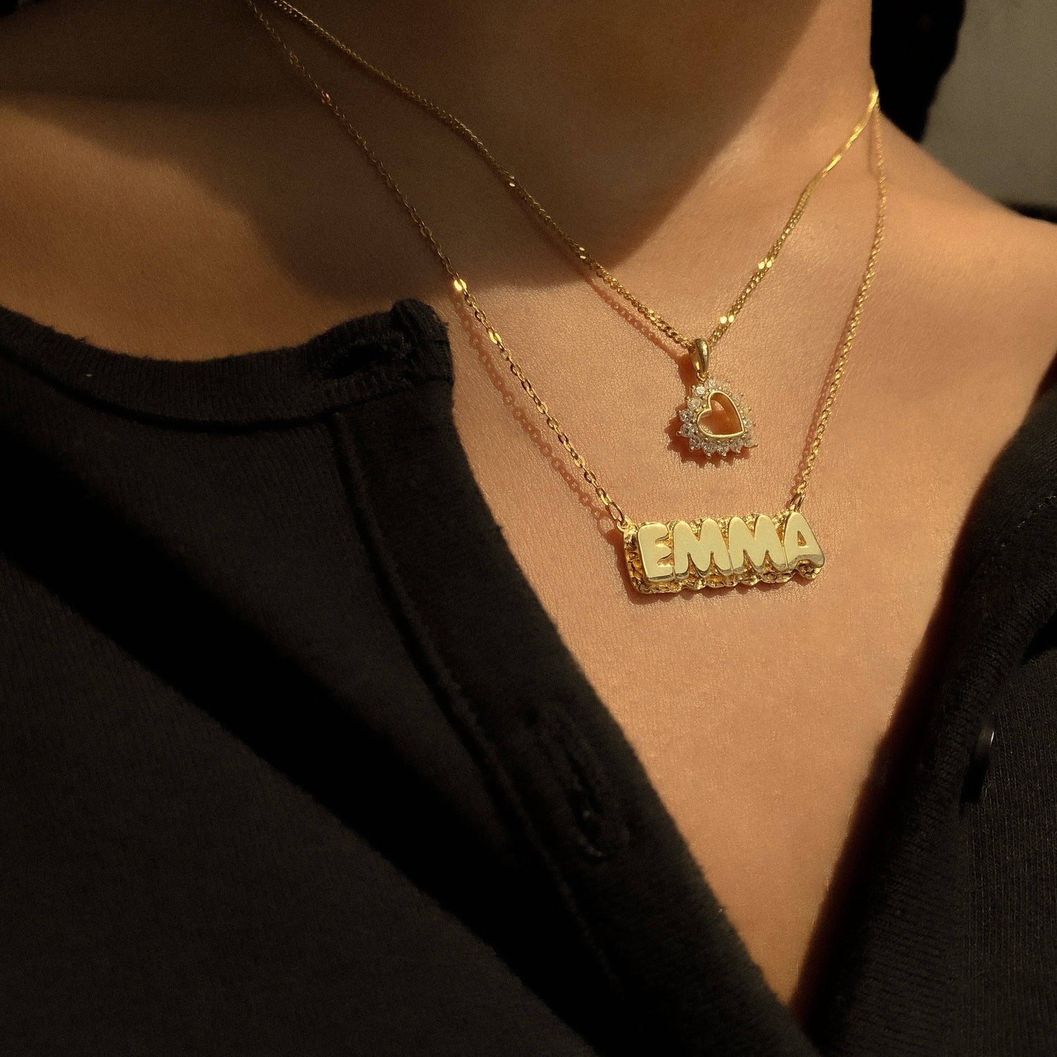 The Double Plate Bubble Letter Nameplate Necklace | The M Jewelers